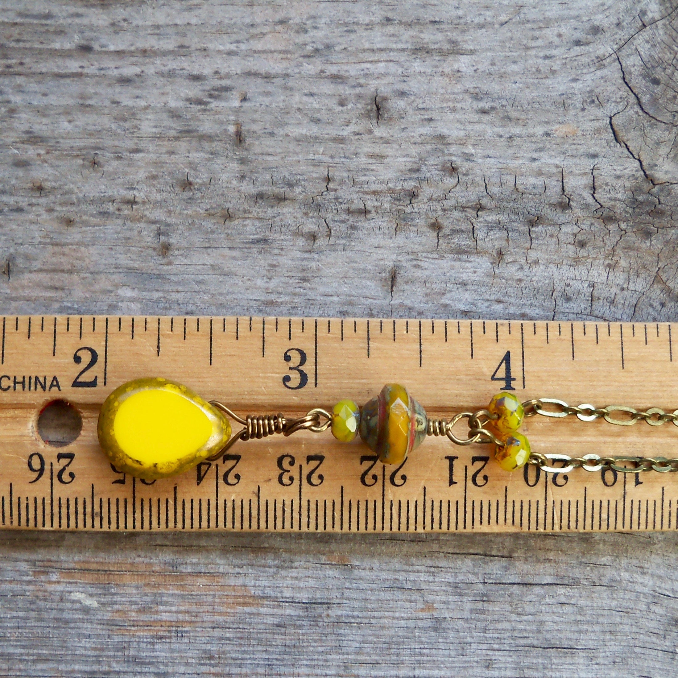 Vintage Style Mustard Yellow Long Necklace - Boho Antique Brass ...