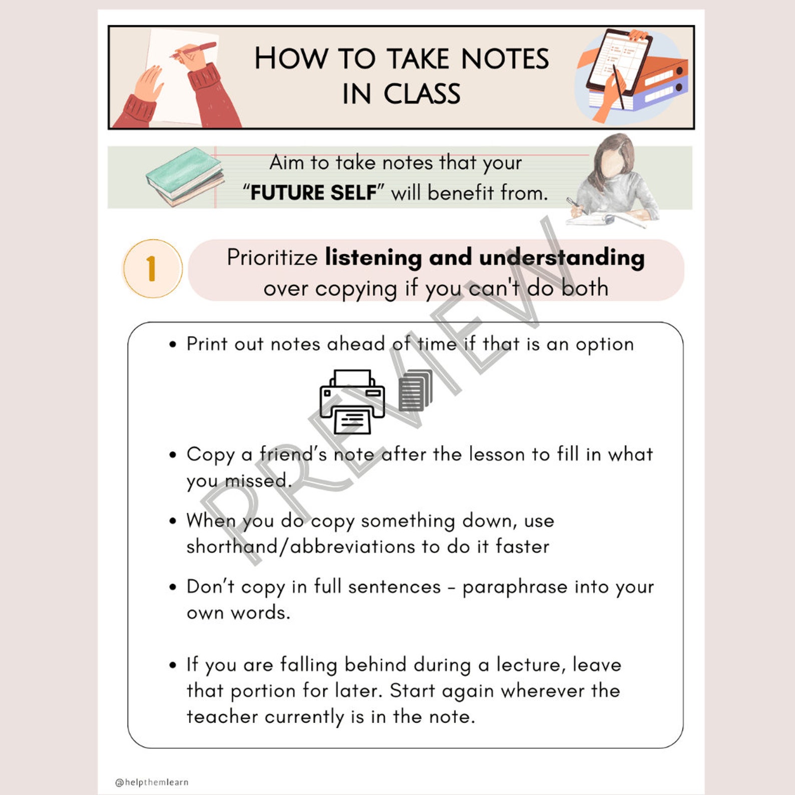 Note Taking Study Skills Tips and Strategies Posters With Student ...