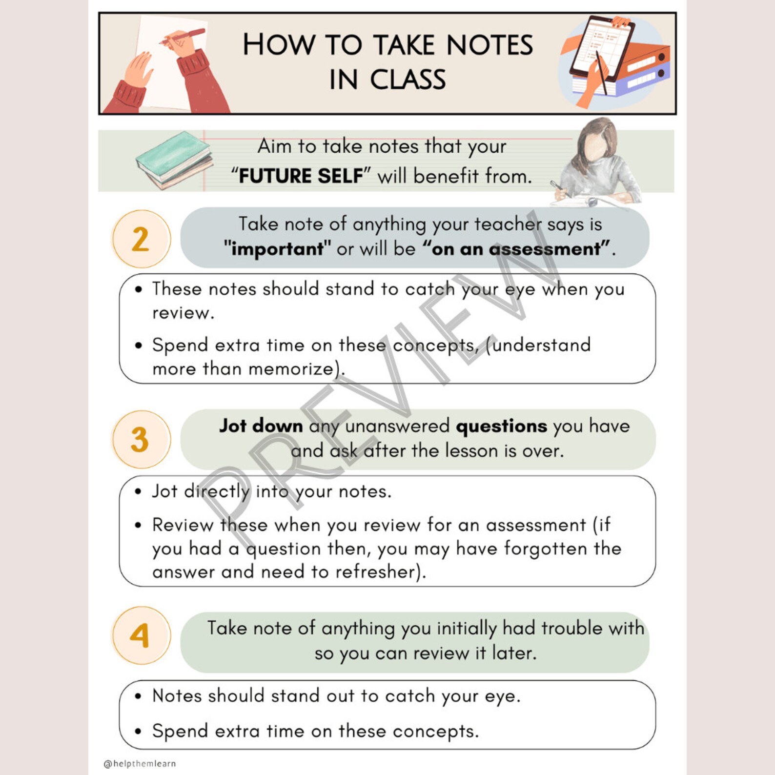 Note Taking Study Skills Tips and Strategies Posters With Student ...
