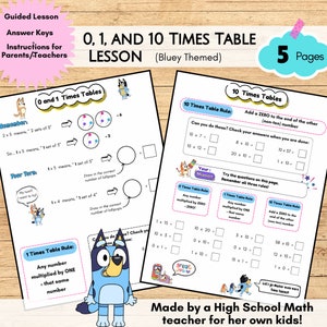 Bluey Themed 0, 1 and 10 Times Table Multiplication Guided Lesson no ...