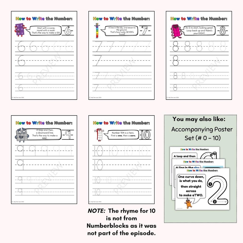 Number Formation WORKSHEET Numberblocks Poems Rhymes for Learning to ...