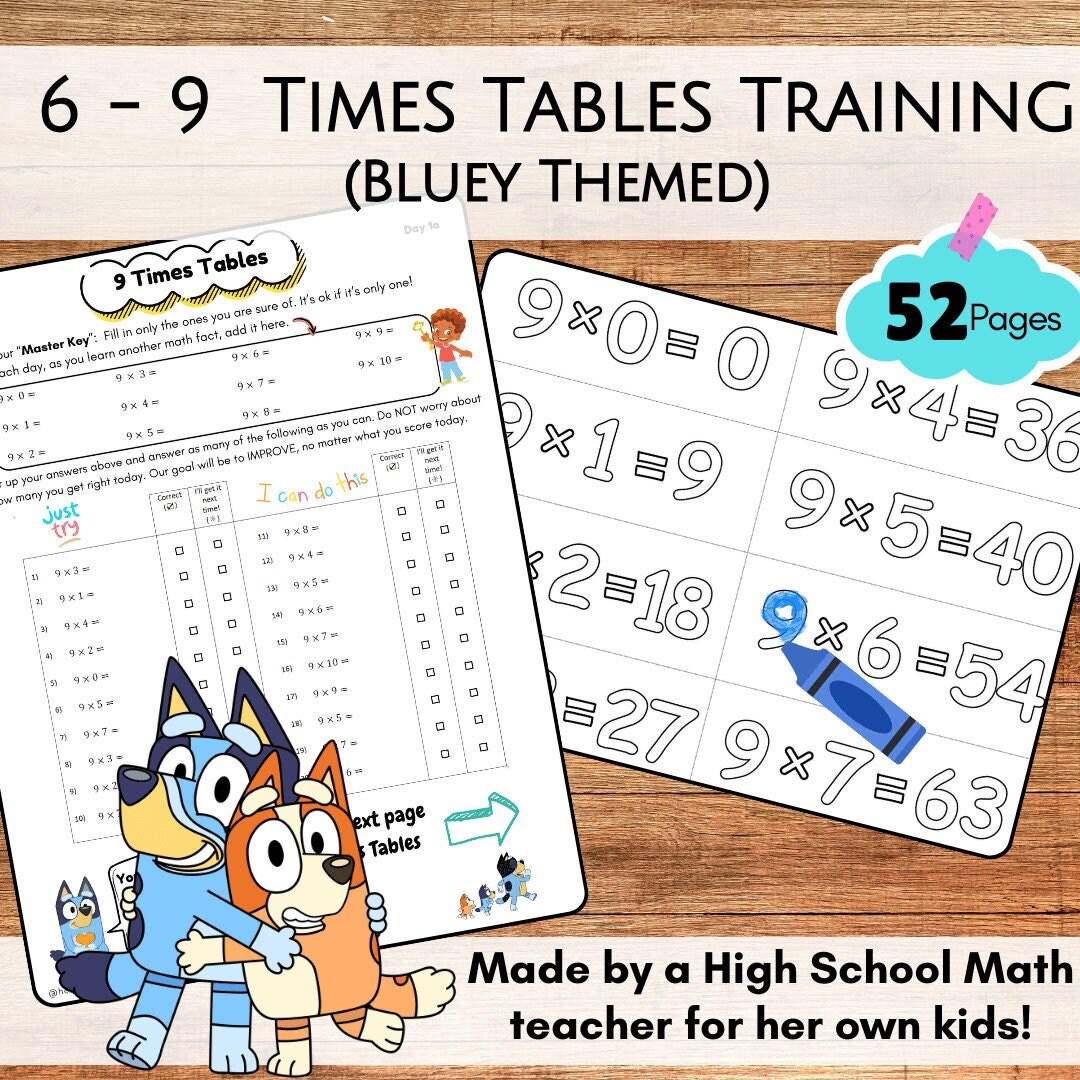 Bluey Themed 6 9 Times Table Multiplication Worksheets With Answers for ...