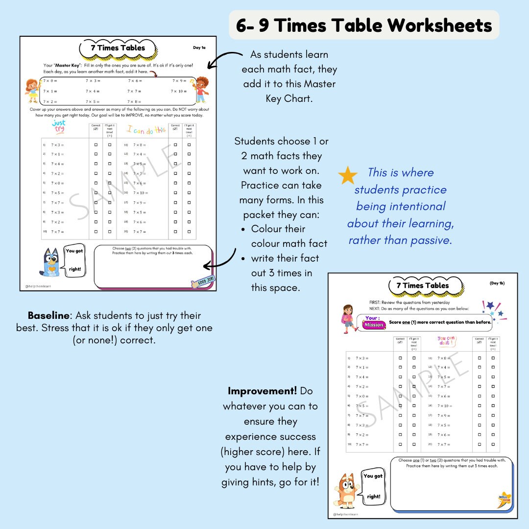 Bluey Themed 6 9 Times Table Multiplication Worksheets With Answers for ...
