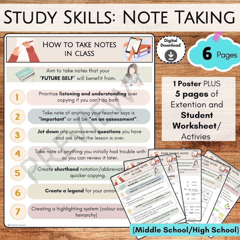 Note Taking Study Skills Tips and Strategies Posters With Student ...