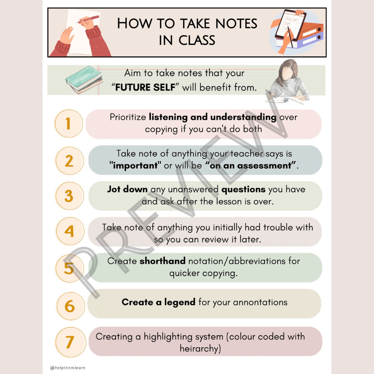 Note Taking Study Skills Tips and Strategies Posters With Student ...