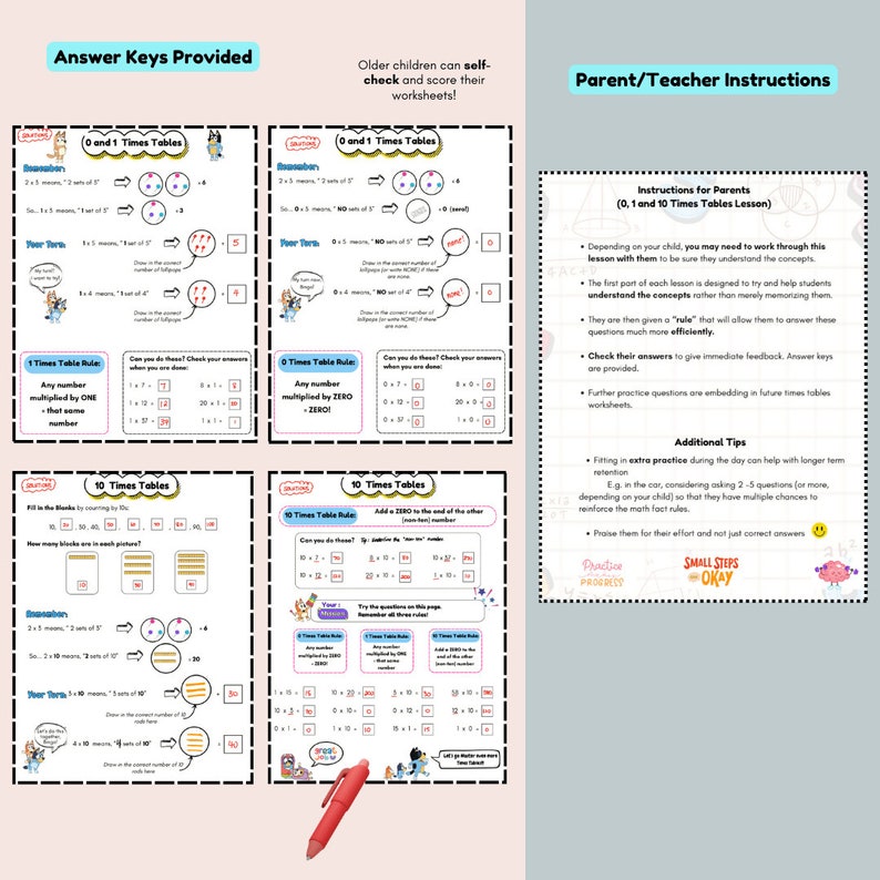 Bluey Themed 0, 1 and 10 Times Table Multiplication Guided Lesson no ...