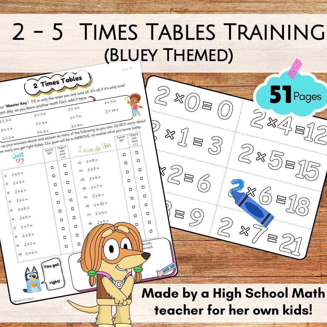 Bluey Themed 2 5 Times Table Multiplication Worksheets With Answers for ...