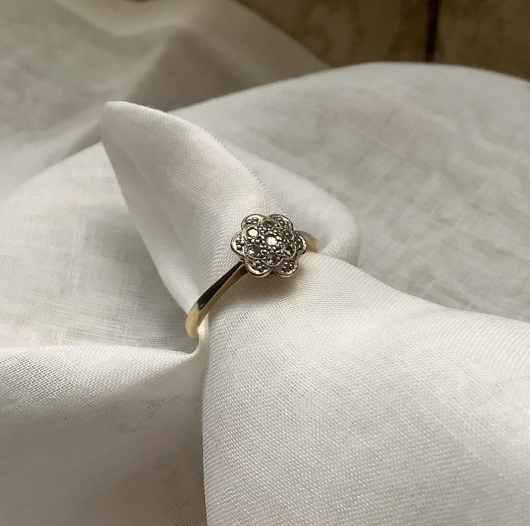 Antique 18C 750 Solid Yellow Gold and Platinum Diamond Daisy Posey Ring ...