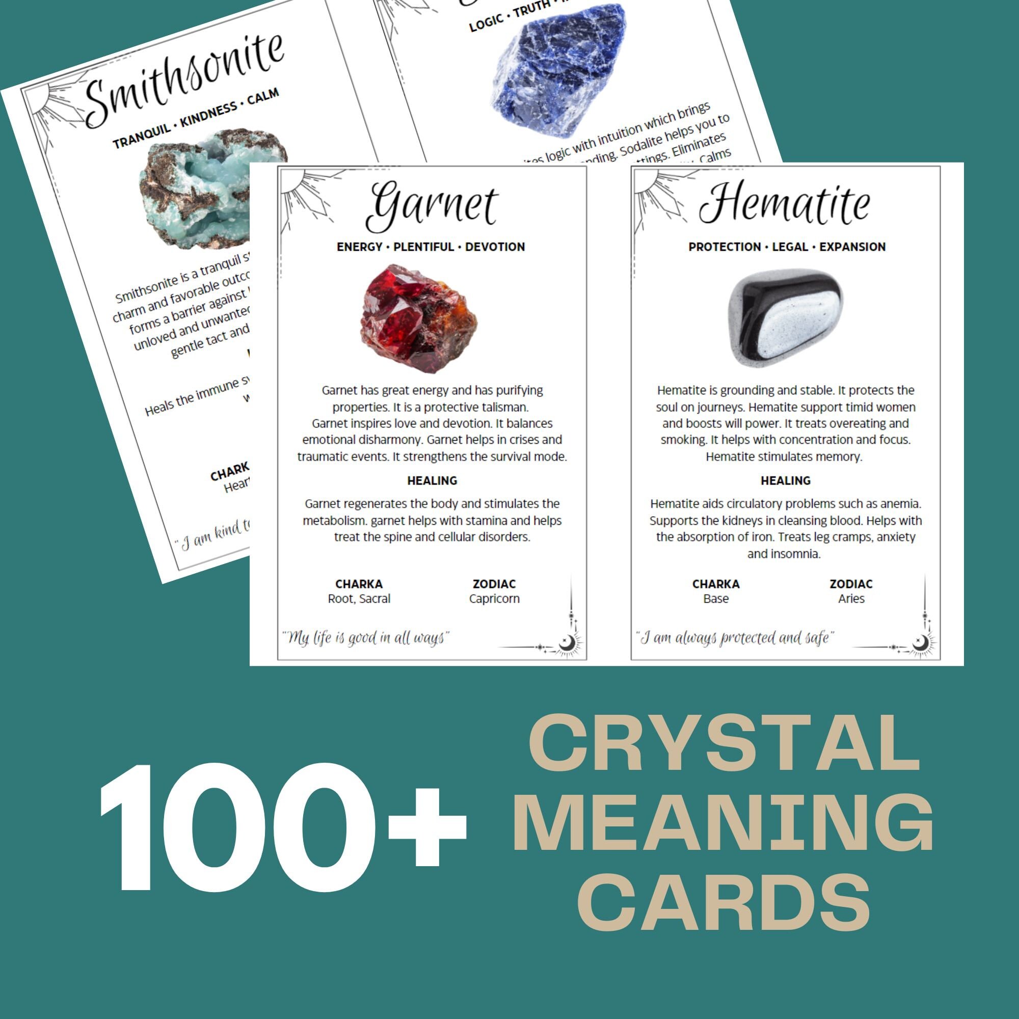 100+ Crystal Meaning Cards, Positive Affirmations, Printable, Gemstone ...