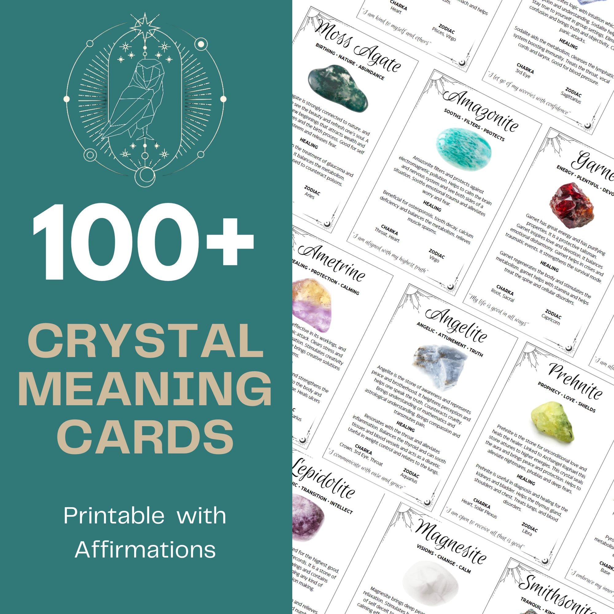 100+ Crystal Meaning Cards, Positive Affirmations, Printable, Gemstone ...