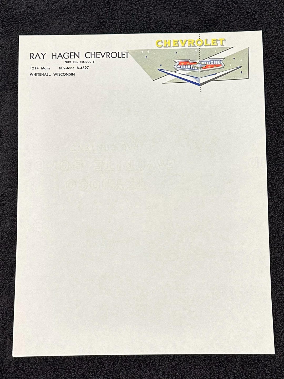 1957 Chevy Bel Air Ray Hagen Chevrolet Letterhead Paper Whitehall WI ...