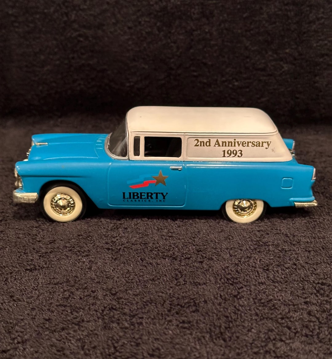 1955 Chevy Chevrolet Sedan Diecast Coin Bank 2nd Anniversary 1993 Blue ...