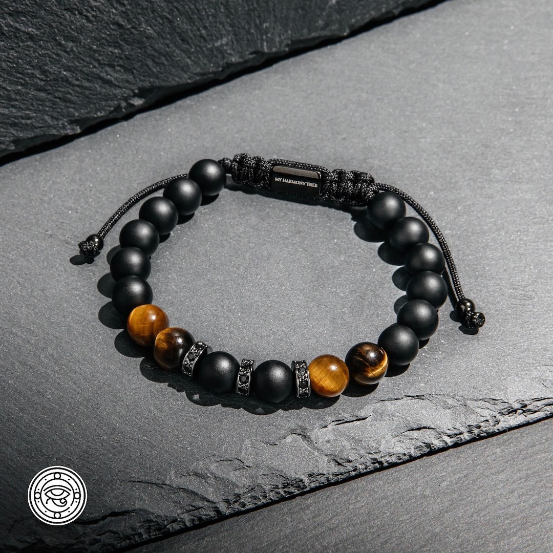 Black Onyx & Tiger Eye Natural Stone Adjustable Bracelet, Gift for Him ...