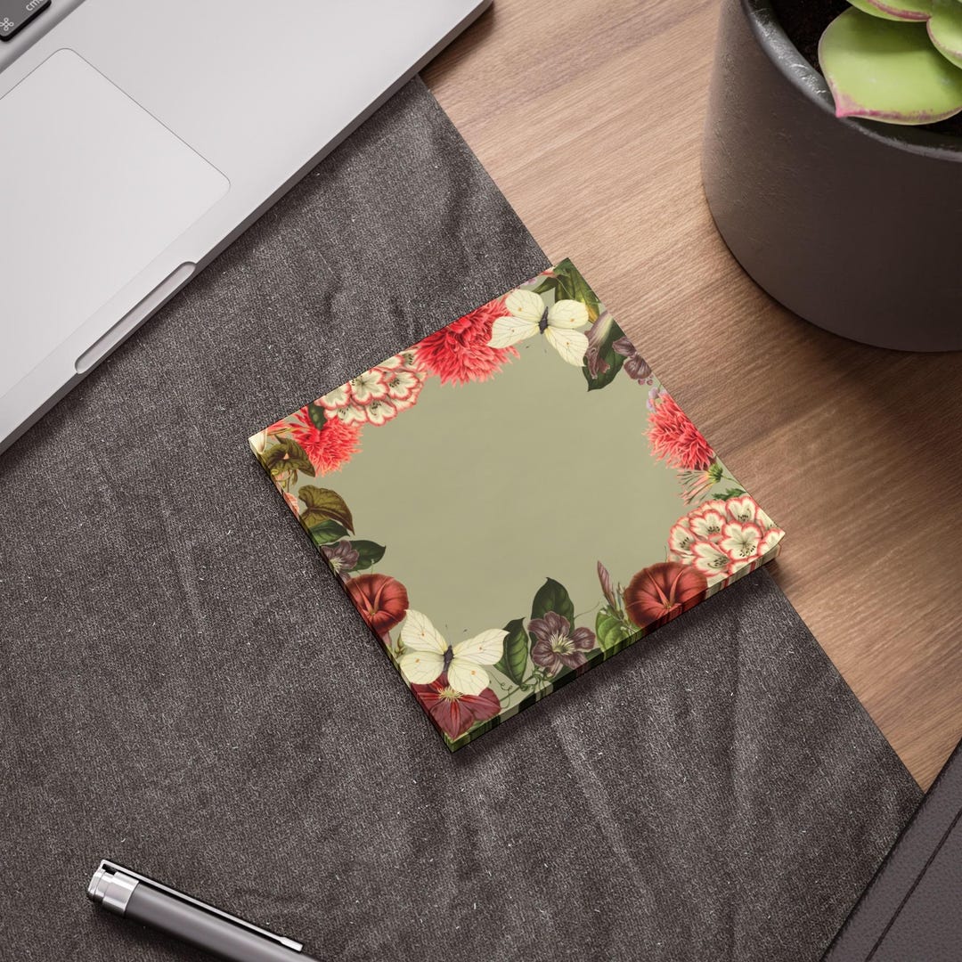 4x4 Olive Green Post It Notepad Floral Butterflies - Boho Aesthetic ...
