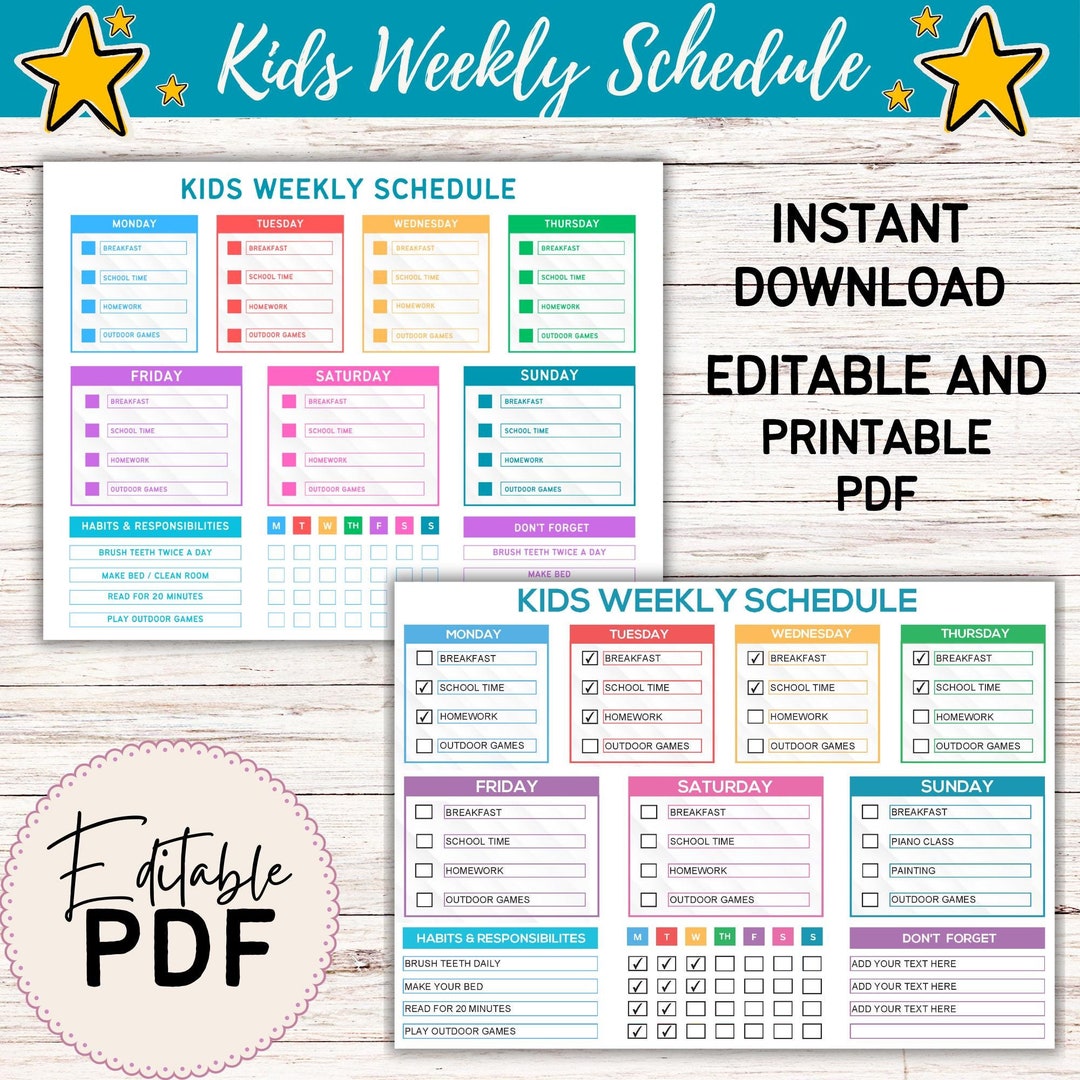 Editable Weekly Kids Schedule, Kids Weekly Planner Printable, Weekly ...