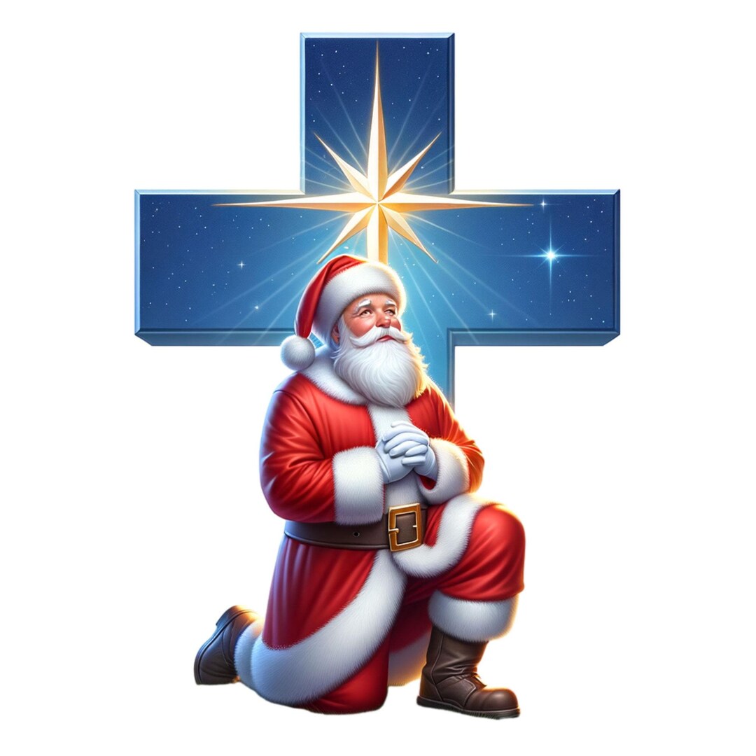 Santa Knee Bow Shinning Cross Png, Santa on Knee Praying Cross Png ...