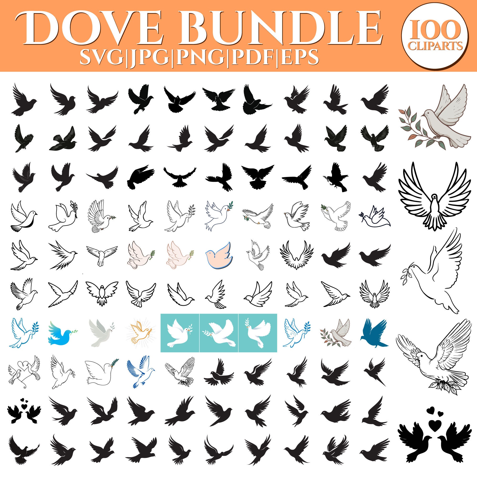 Dove Bird Svg Bundles, Dove Clipart, Dove PNG, Wedding Dove Svg, Dove Vector, Flying Bird Svg ...