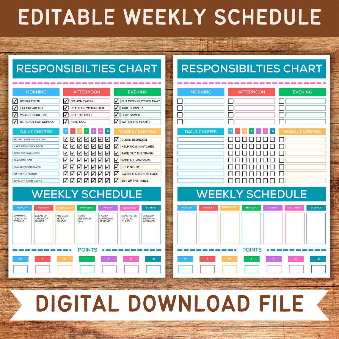 Cute Editable Responsibility Chore Charts Kids , Kids Weekly Planner ...