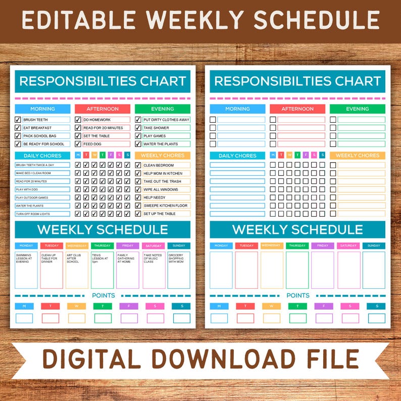 Cute Editable Responsibility Chore Charts Kids , Kids Weekly Planner ...