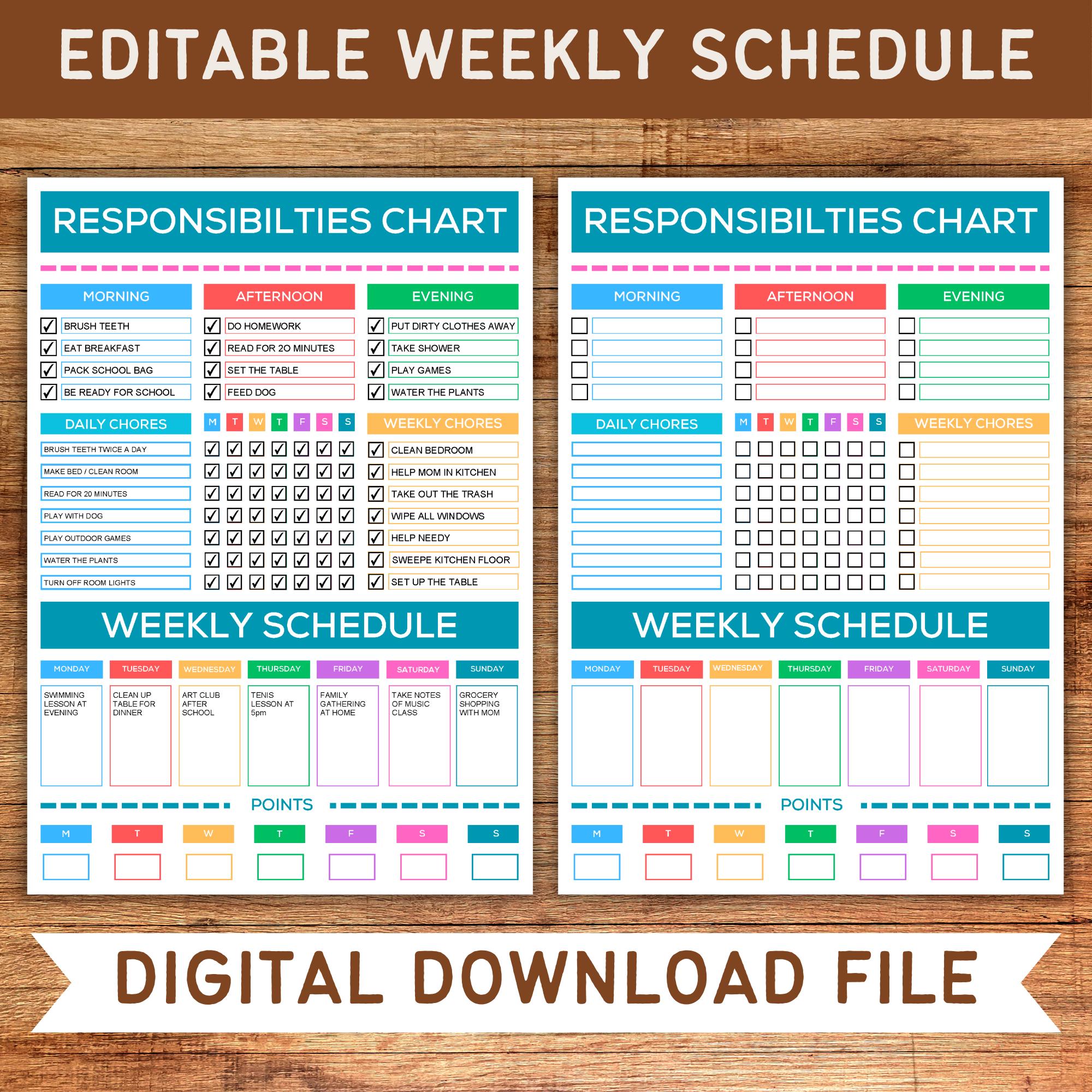 Cute Editable Responsibility Chore Charts Kids , Kids Weekly Planner ...