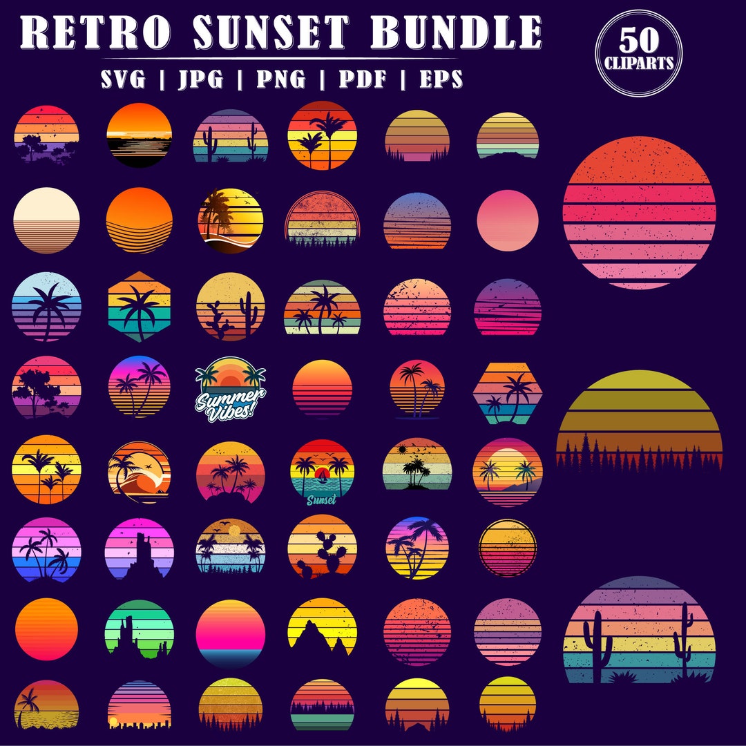 Cute Retro Sunset Svg Bundles, Vintage Palm Tree Sunset, Retro Sunset ...