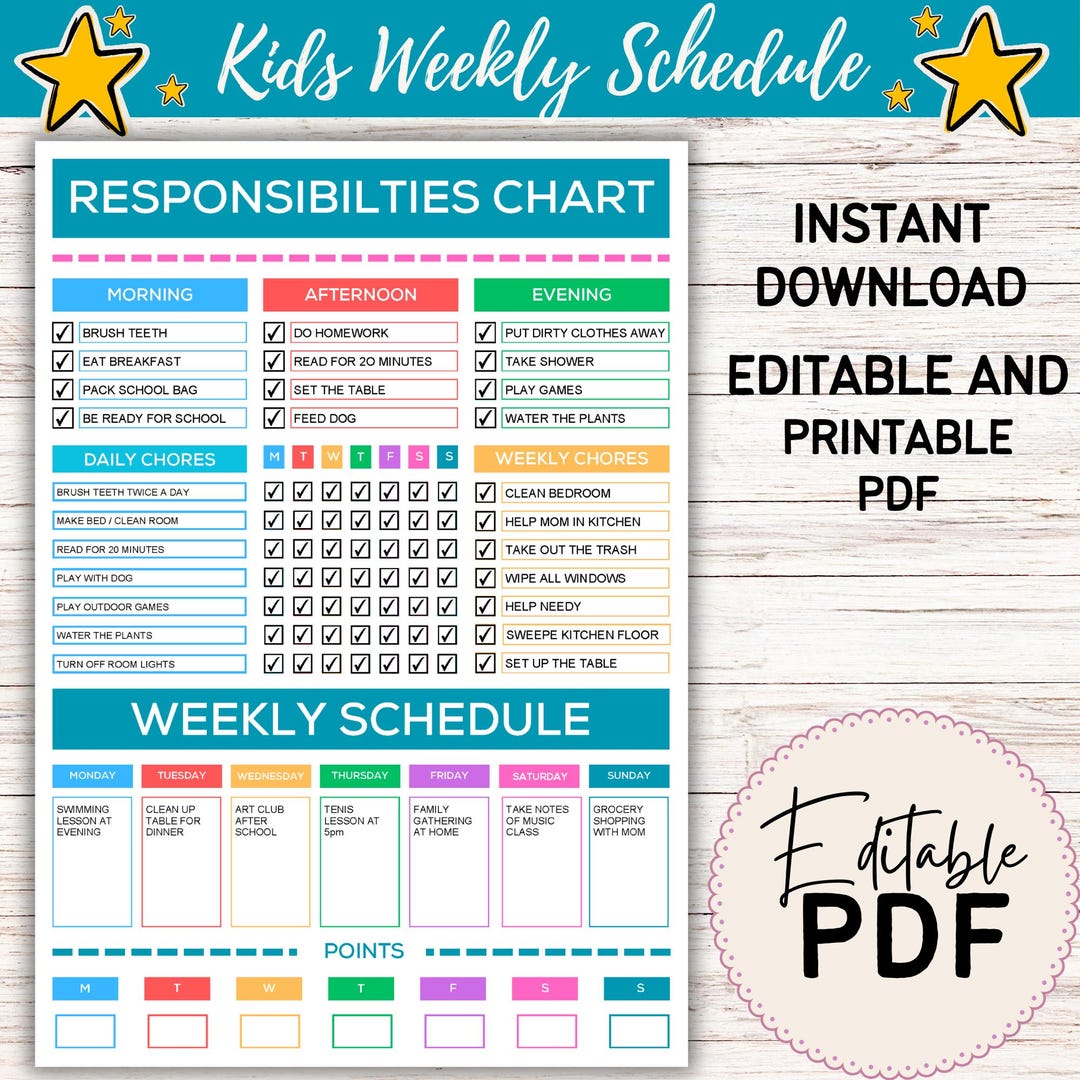 Cute Editable Responsibility Chore Charts Kids , Kids Weekly Planner ...