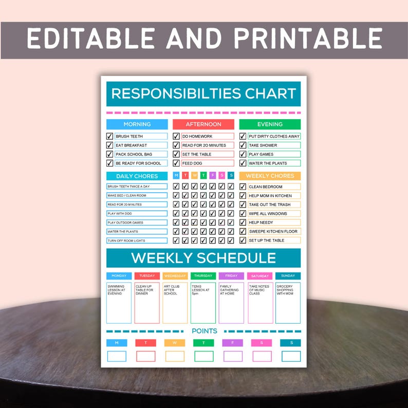 Cute Editable Responsibility Chore Charts Kids , Kids Weekly Planner ...