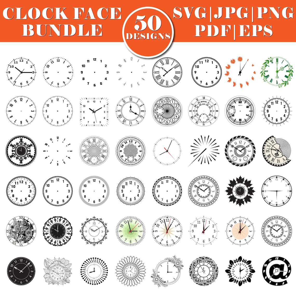 Cute Clock Face Svg Bundles, Clock Face PNG, Clock Face Clipart, Clock ...
