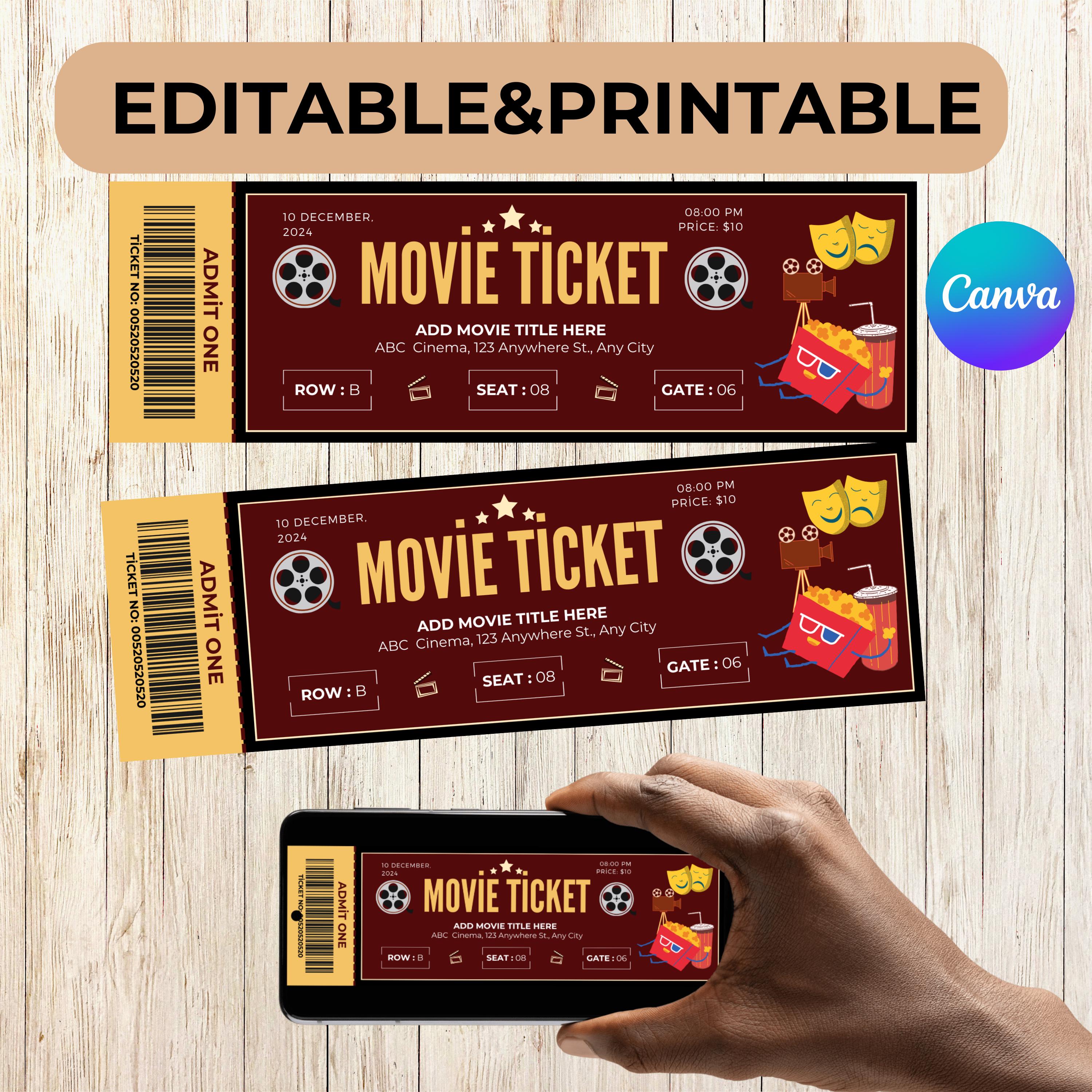Editable Movie Ticket Template for Events,printable & Digital ...