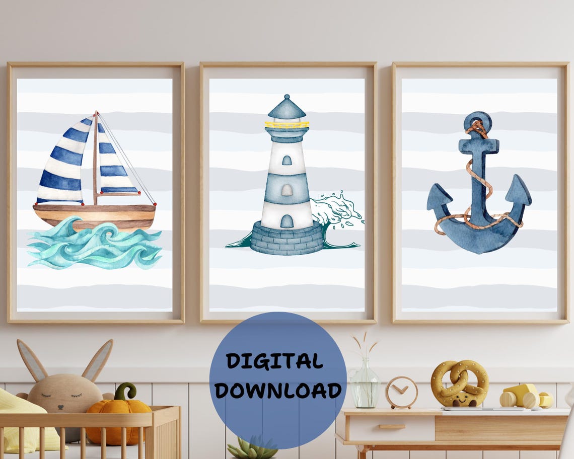 Set of 3 Nautical Kids Room Posters lighthouse-anchor-sailboat Digital ...