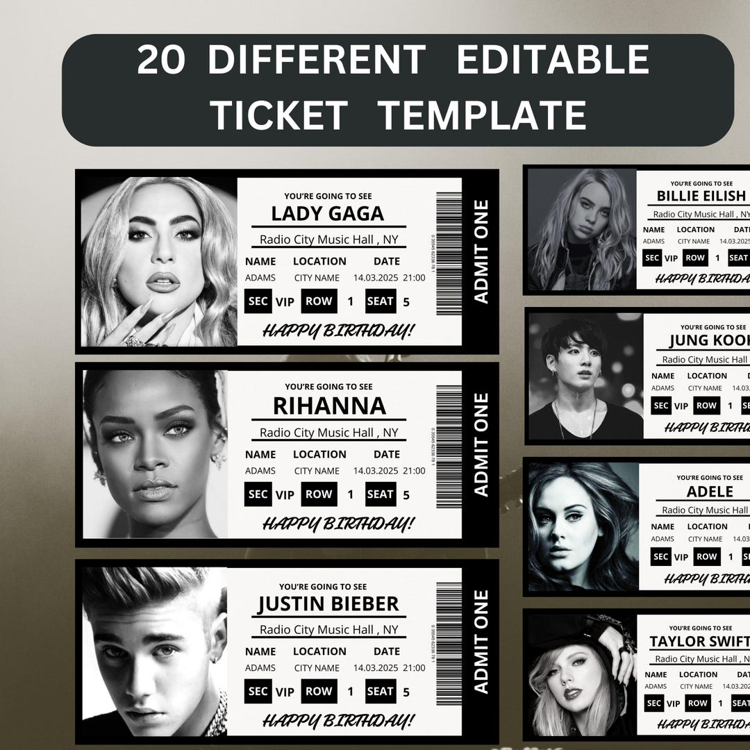 Editable Concert Ticket Template Featuring 20 Iconic Artists Digital ...