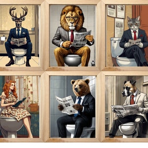 Vintage Animals in Toilet Funny Bathroom Wall Art Set of 6 | Printable ...