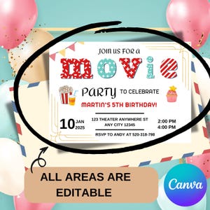 Editable Movie Birthday Party Invitation 7x5 in Canva Template Theater ...