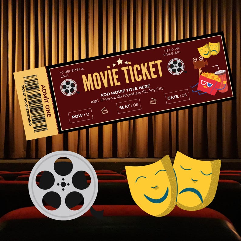 Editable Movie Ticket Template for Events,printable & Digital ...