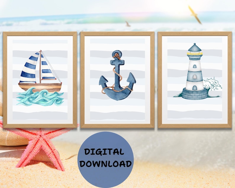 Set of 3 Nautical Kids Room Posters lighthouse-anchor-sailboat Digital ...