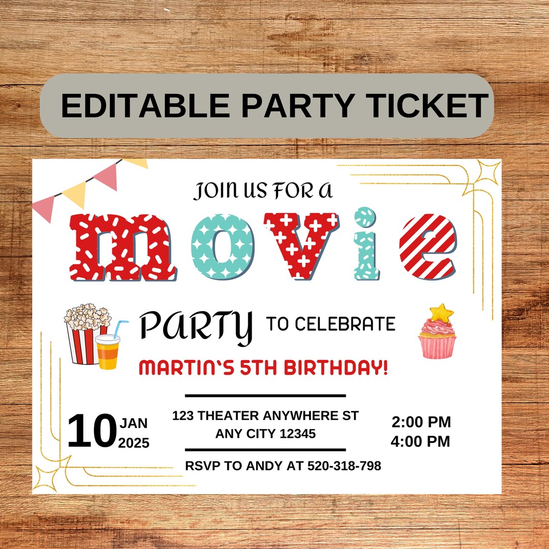 Editable Movie Birthday Party Invitation 7x5 in Canva Template Theater ...