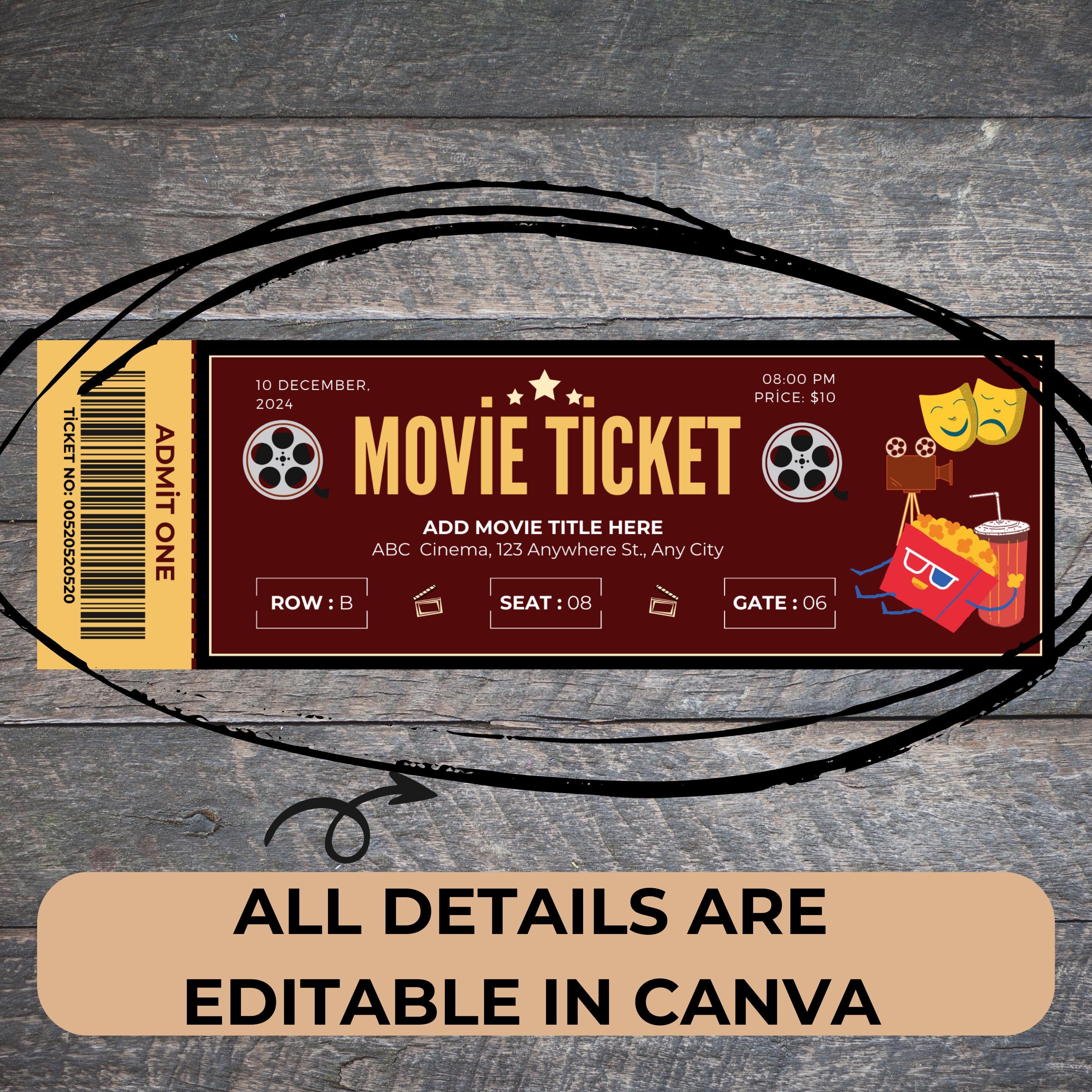 Editable Movie Ticket Template for Events,printable & Digital ...