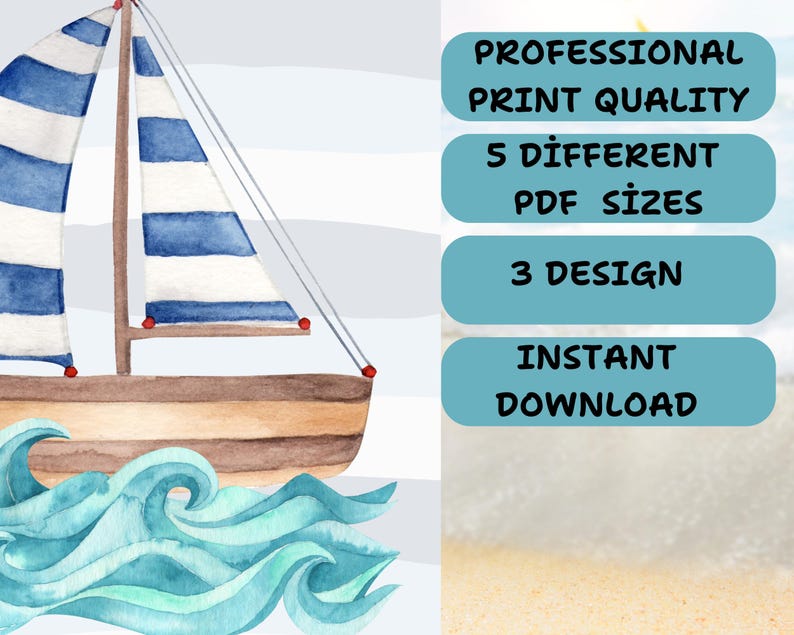 Set of 3 Nautical Kids Room Posters lighthouse-anchor-sailboat Digital ...