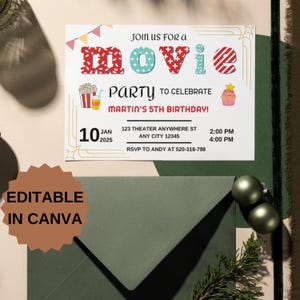 Editable Movie Birthday Party Invitation 7x5 in Canva Template Theater ...