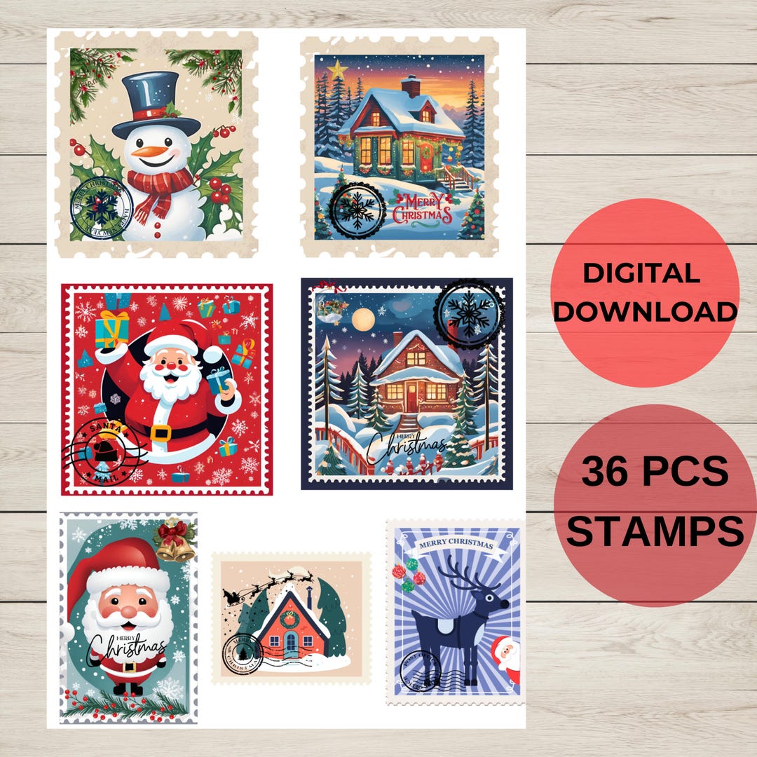 Printable Christmas Stamp Set 36 Digital Holiday Postage Stamps With ...