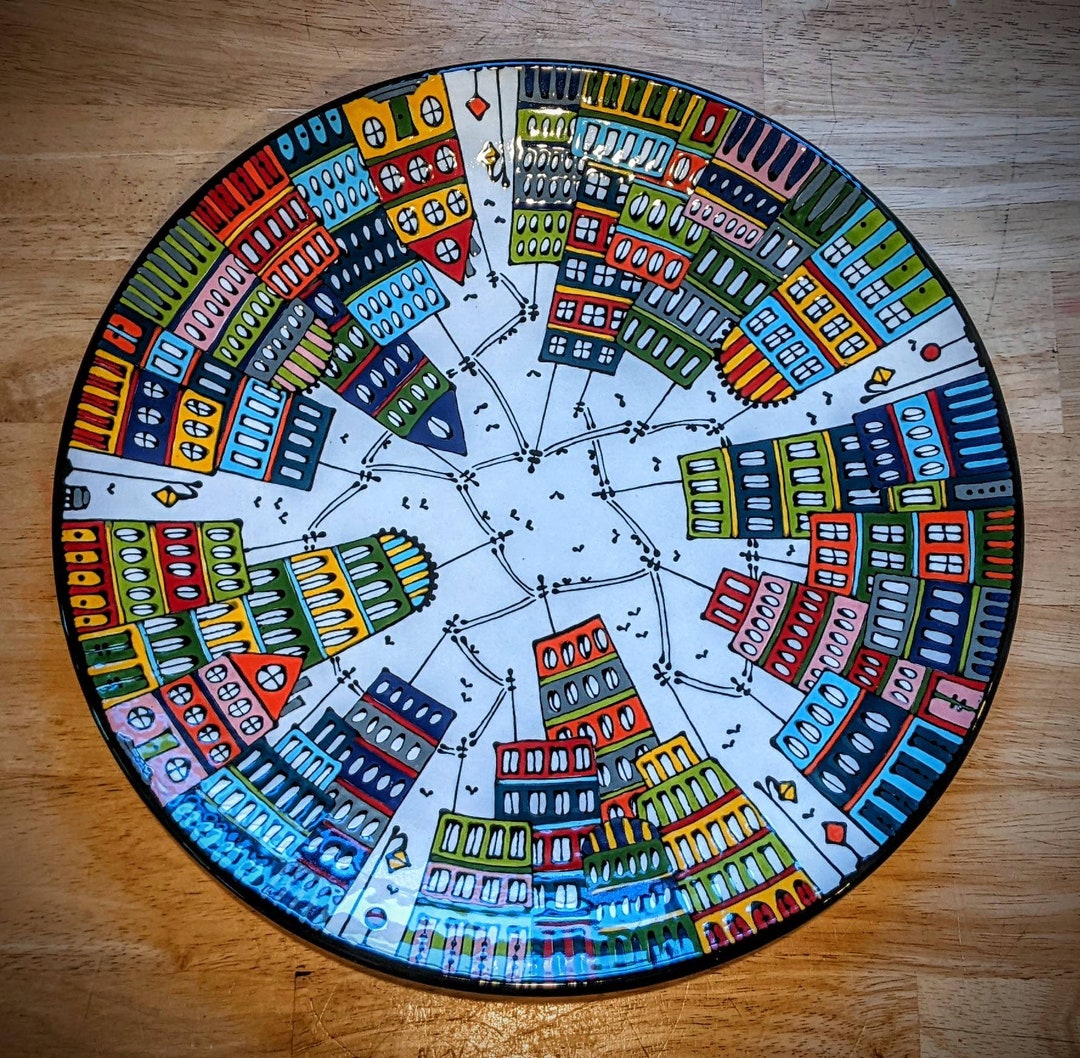 14" Hand Painted Ceramic Platter Cityscape - Etsy