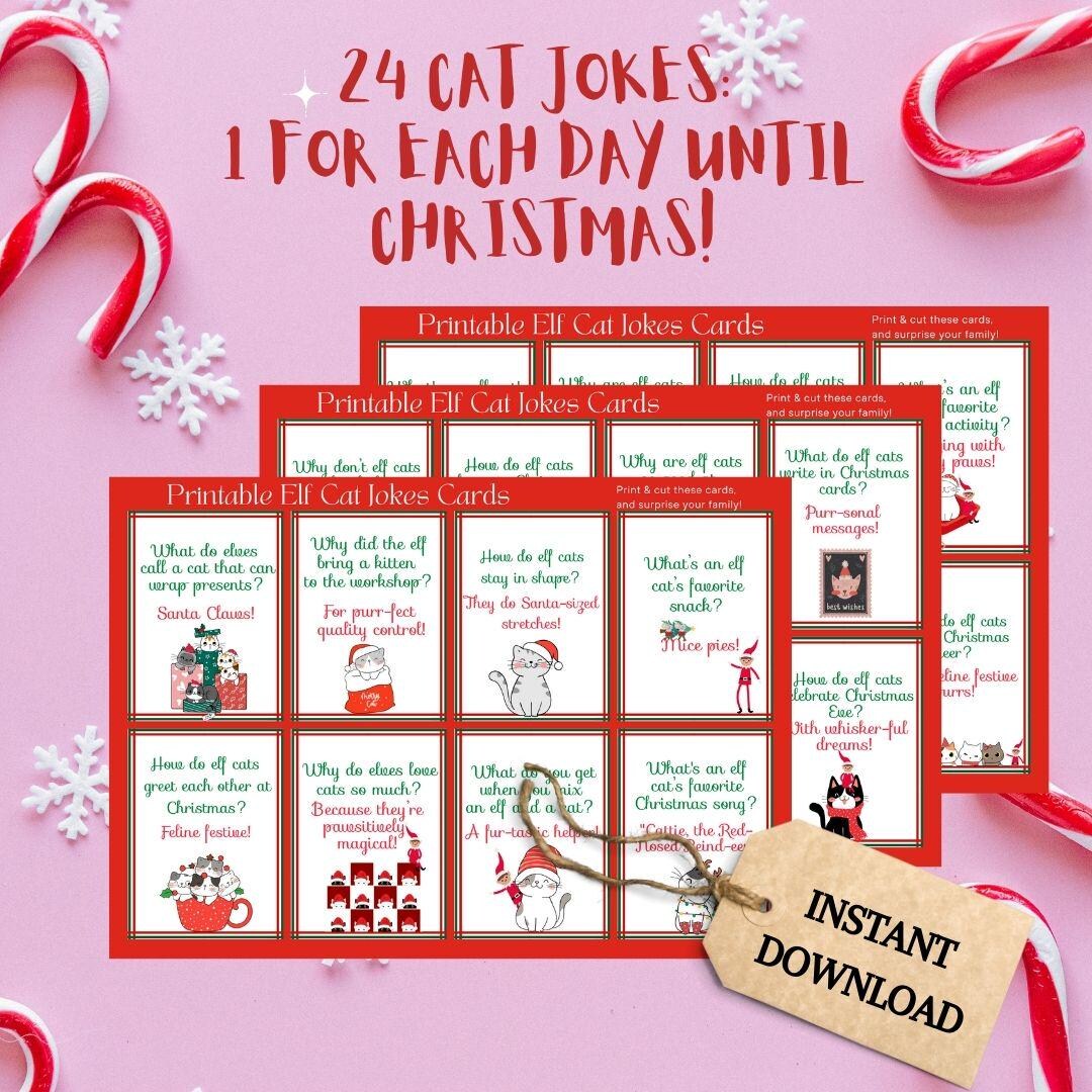 24 Printable Elf Cat Jokes Cards for Cat Lover, Christmas Letters From ...