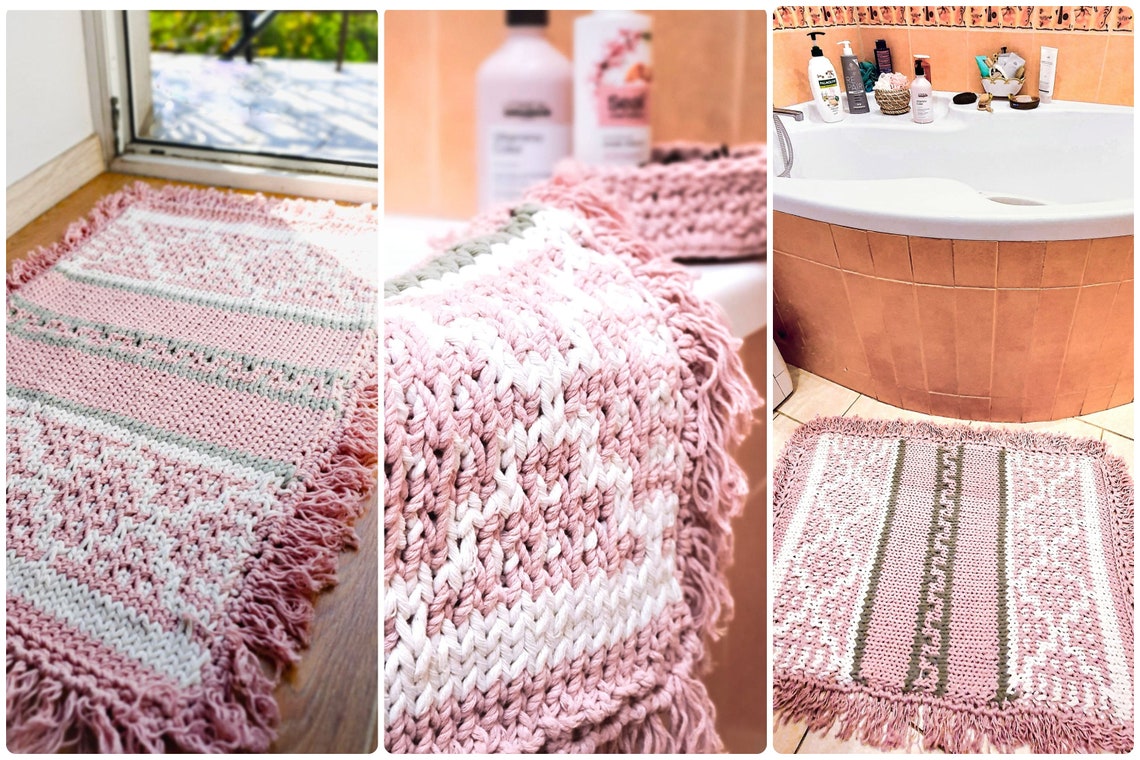 KNITTED RUG Pattern Bath Matt DIY : Easy to Knit Tutorial Jacquard ...