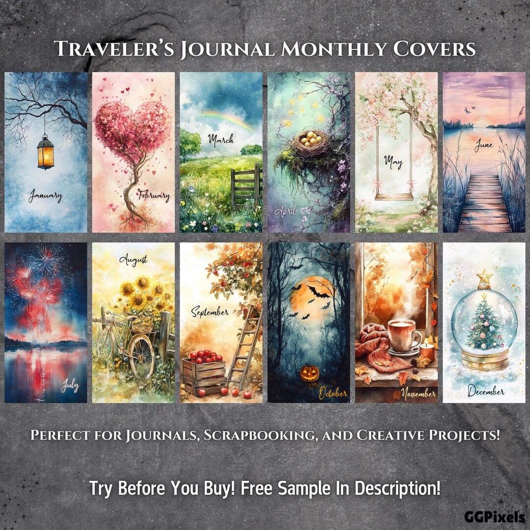 Seasonal PNG Designs Bundle, Printable Monthly Watercolor Designs ...