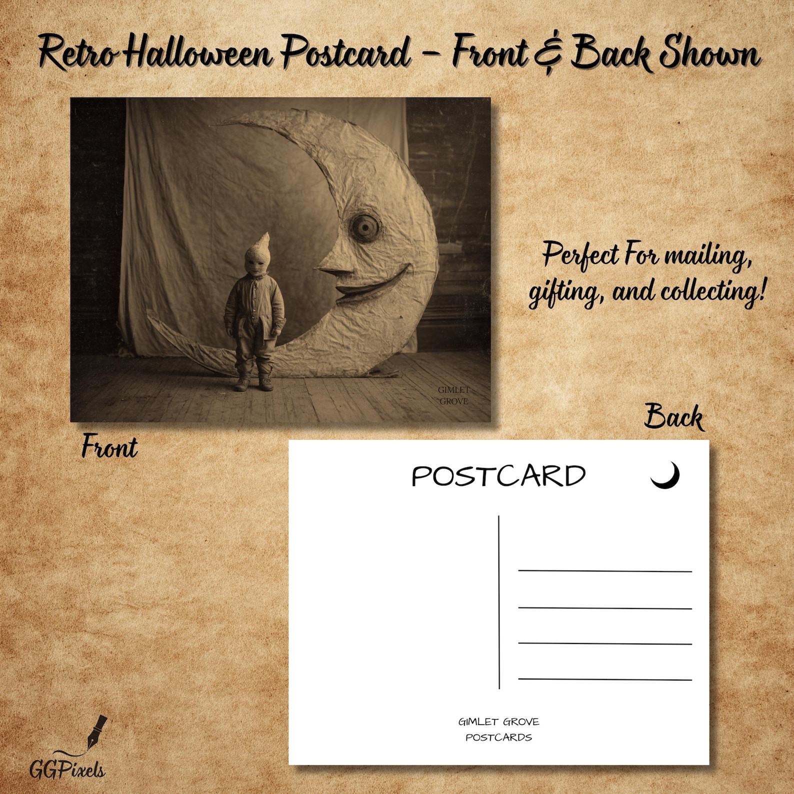Creepy Retro Paper Moon Postcard: Masked Child, Vintage-style Eerie ...
