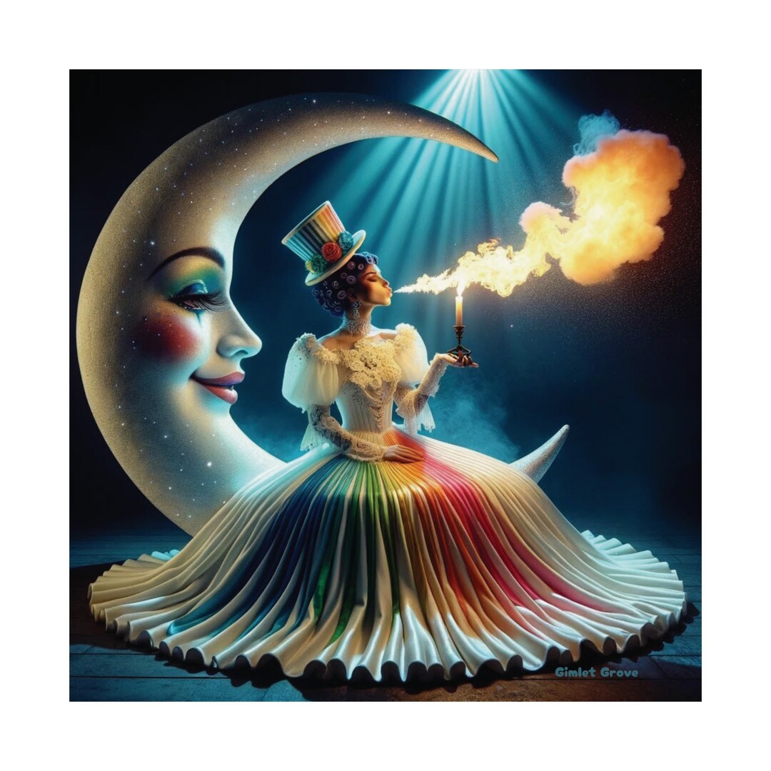 Rainbow Lady Clown Top Hat Flame Trick Crescent Moon Magical Fantasy ...