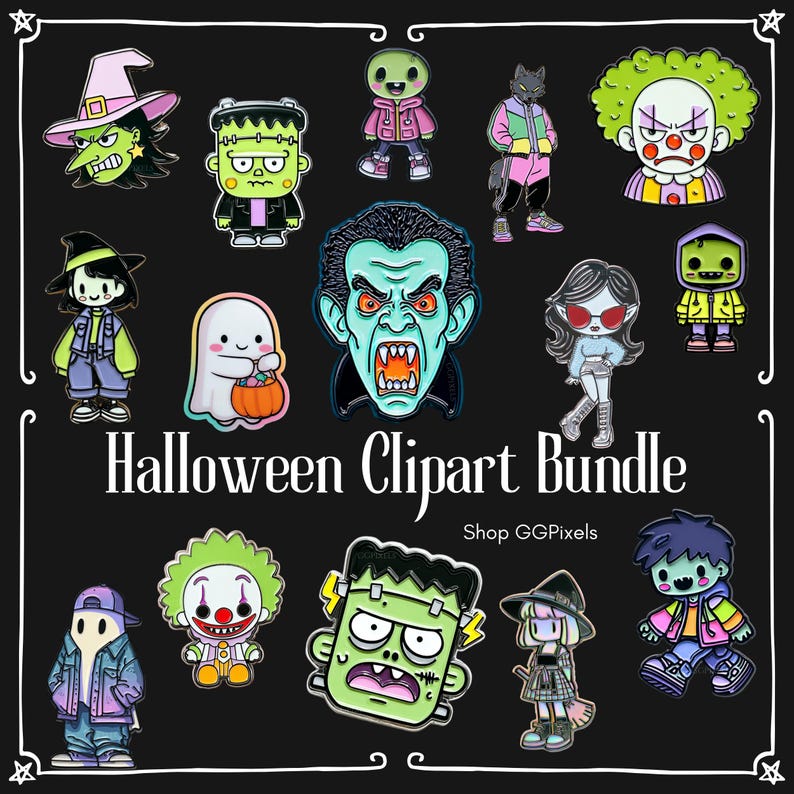 Retro Halloween PNG Clipart Bundle: Enamel Pin Style Characters ...