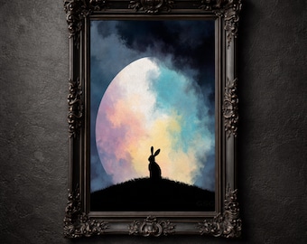 Easter Moon Rabbit Silhouette, Pastel Celestial Sky, Printable Wall Art ...