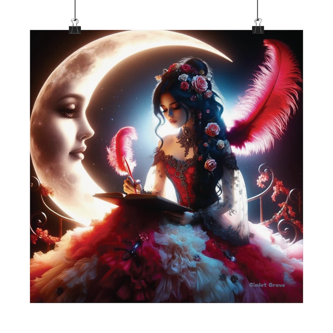 Fairy Red & White Gown Feather Quill Pen Writing Flowers Crescent Moon ...