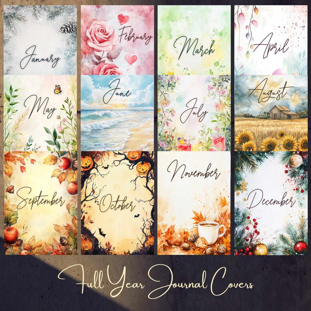 Printable A5 Journal Cover PNG Pages Bundle Monthly Seasonal Watercolor ...